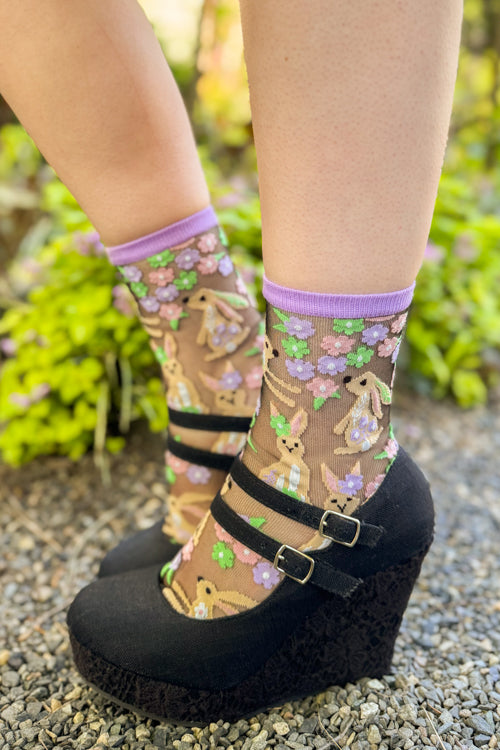 Floral Rabbit Sheer Crew – Sock Dreams